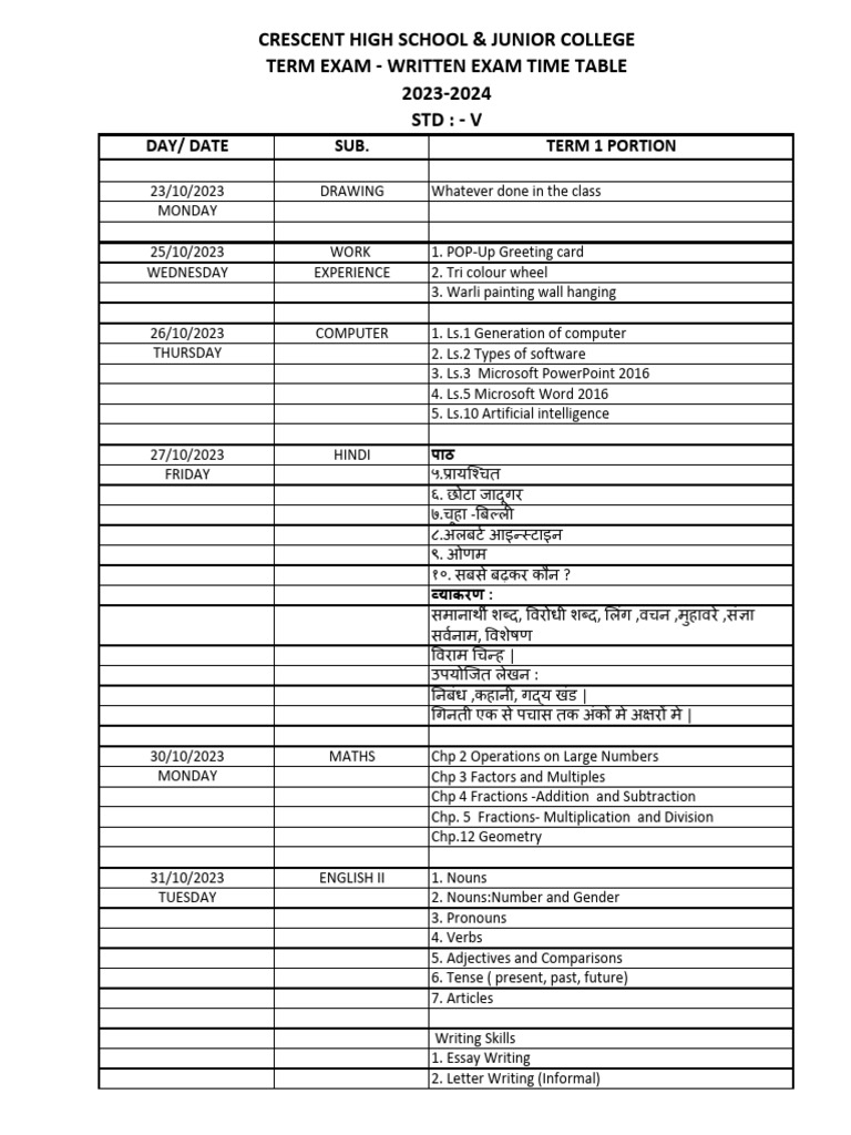 5th Time Table | PDF
