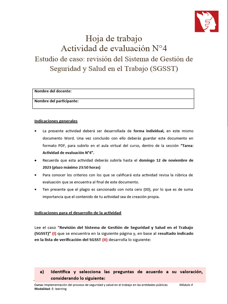 SST - M4 - Hoja de Trabajo Act - Evaluación 4 | PDF | Auditoría ...