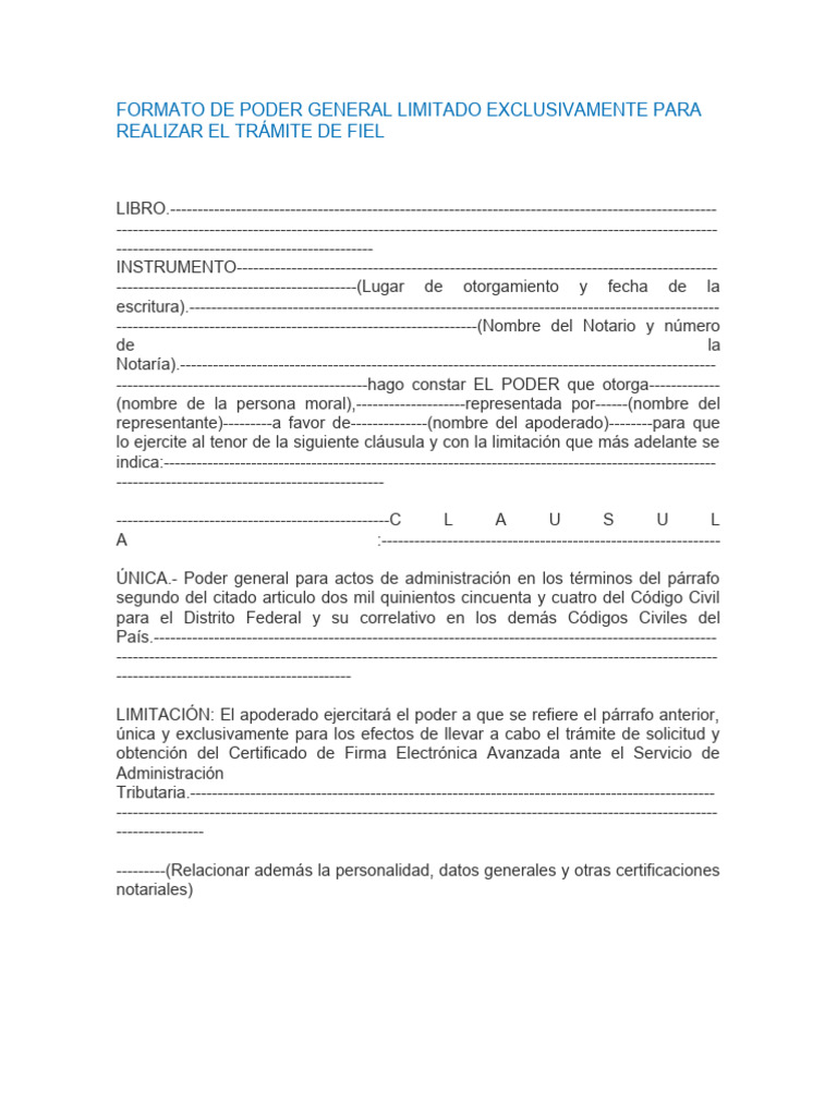 Formato de Poder General Limitado Exclusivamente para Realizar El ...
