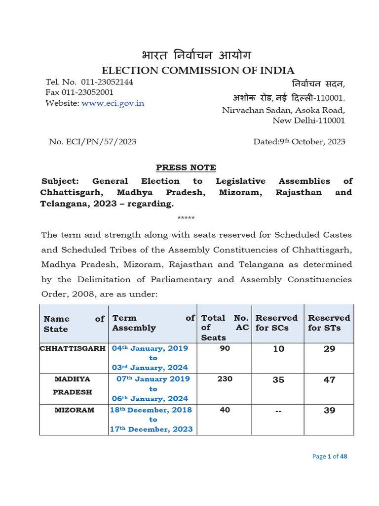 Press Note of State General Election Dated 09.10.2023 | PDF | Absentee ...