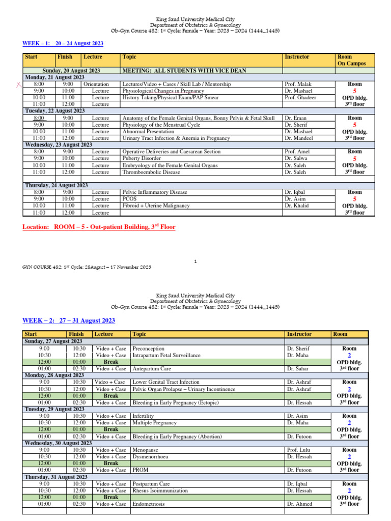 Course 482 Schedule 1-4 Weeks Only | PDF | Obstetrics And Gynaecology | Childbirth