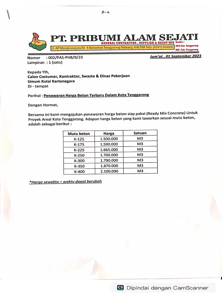 Daftar Harga Beton Terbaru Pasmix Tengga | PDF