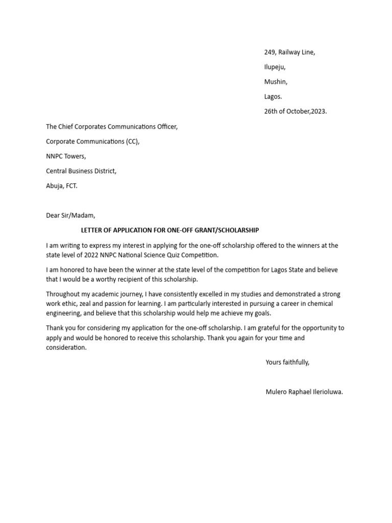 Application Letter For NNPC One Off Grant | PDF