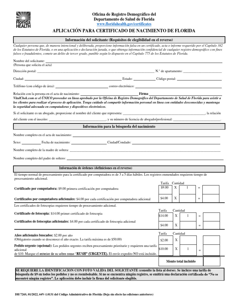 Solicitud de Certificado de Nacimiento FL | PDF | Certificado de nacimiento