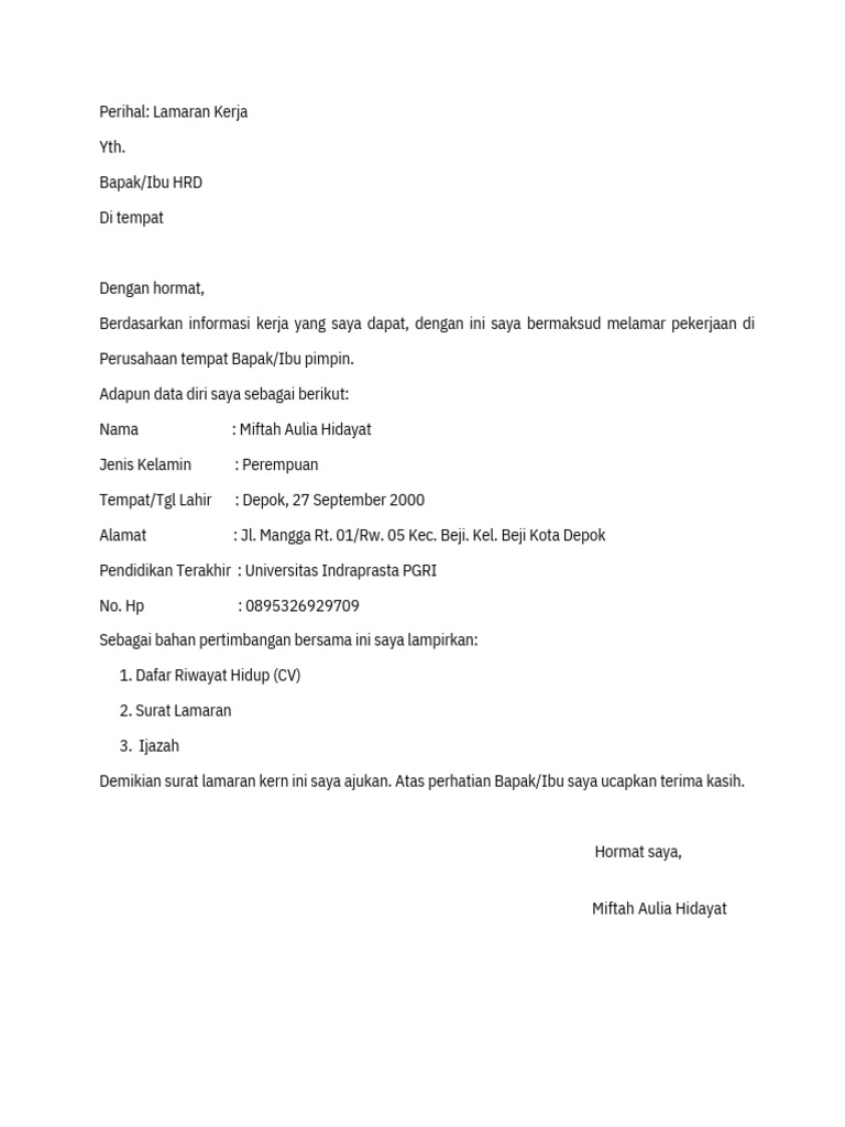 Surat Lamaran Kerja - Miftah Aulia Hidayat | PDF