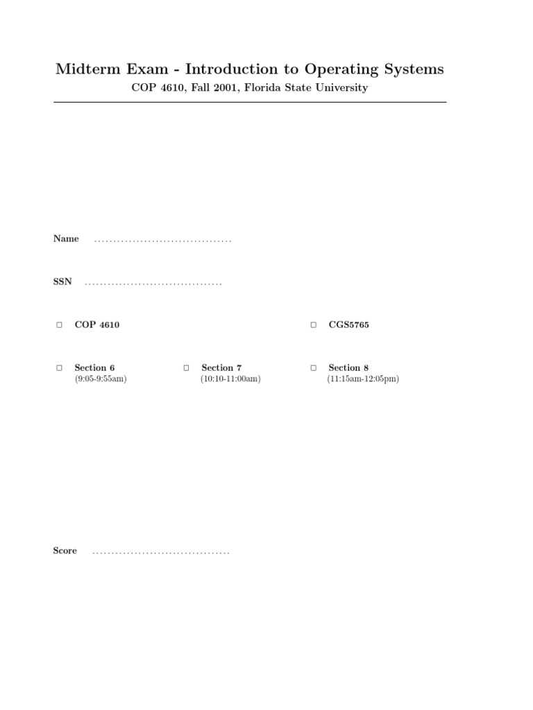 Fsu 460 Midterm 2001 | PDF | Process (Computing) | Operating System