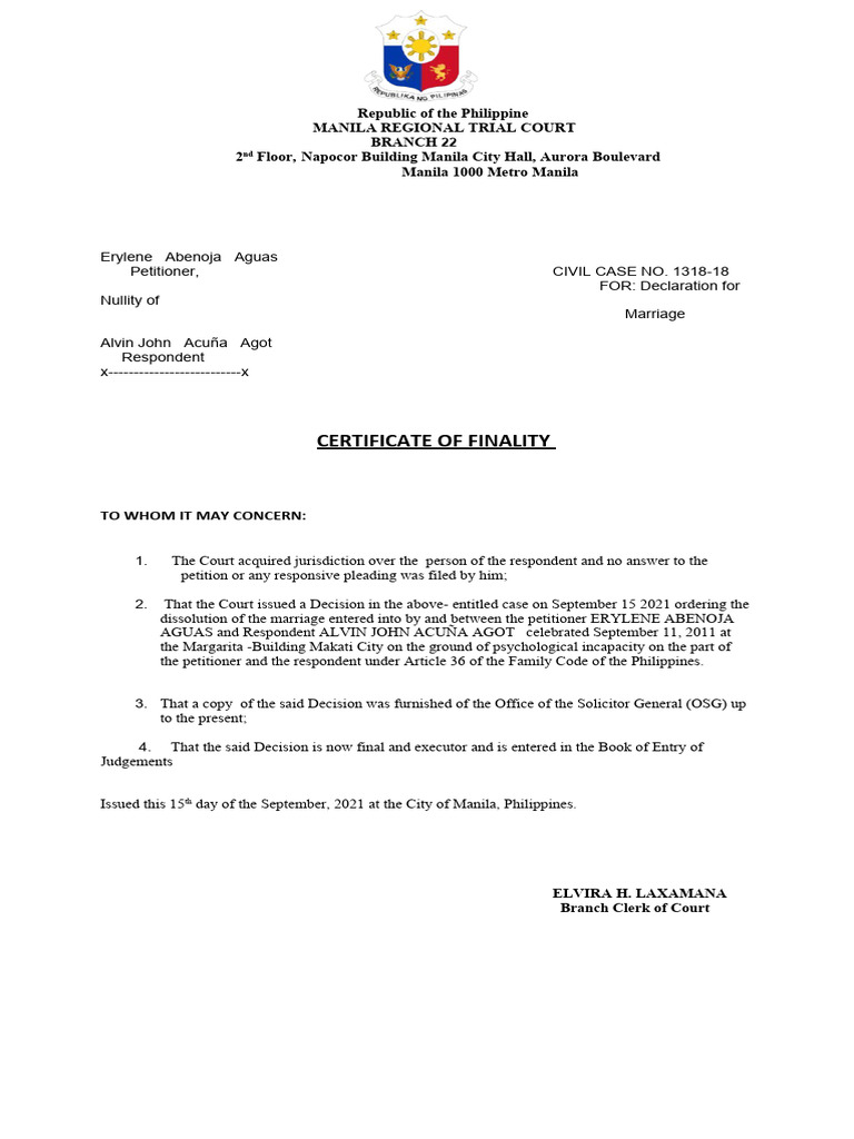 Certificate of Finality for Marriage Nullity | PDF