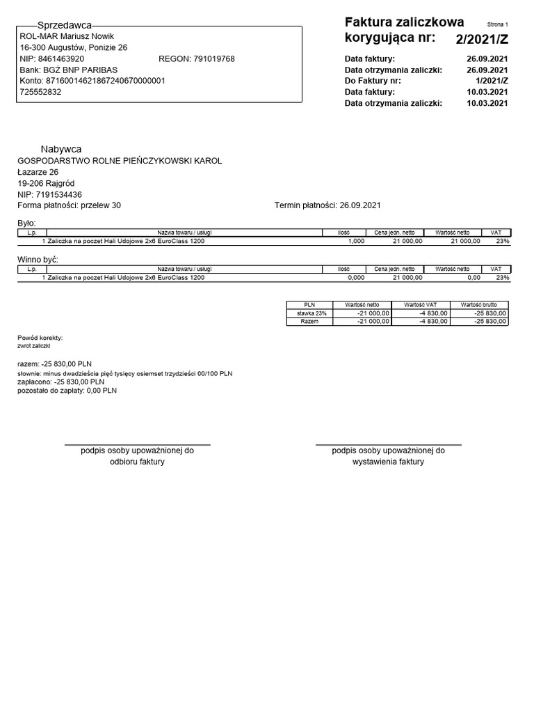 Faktura FZ (Korekta) 2-2021-Z - Karol Pienczykowski | PDF