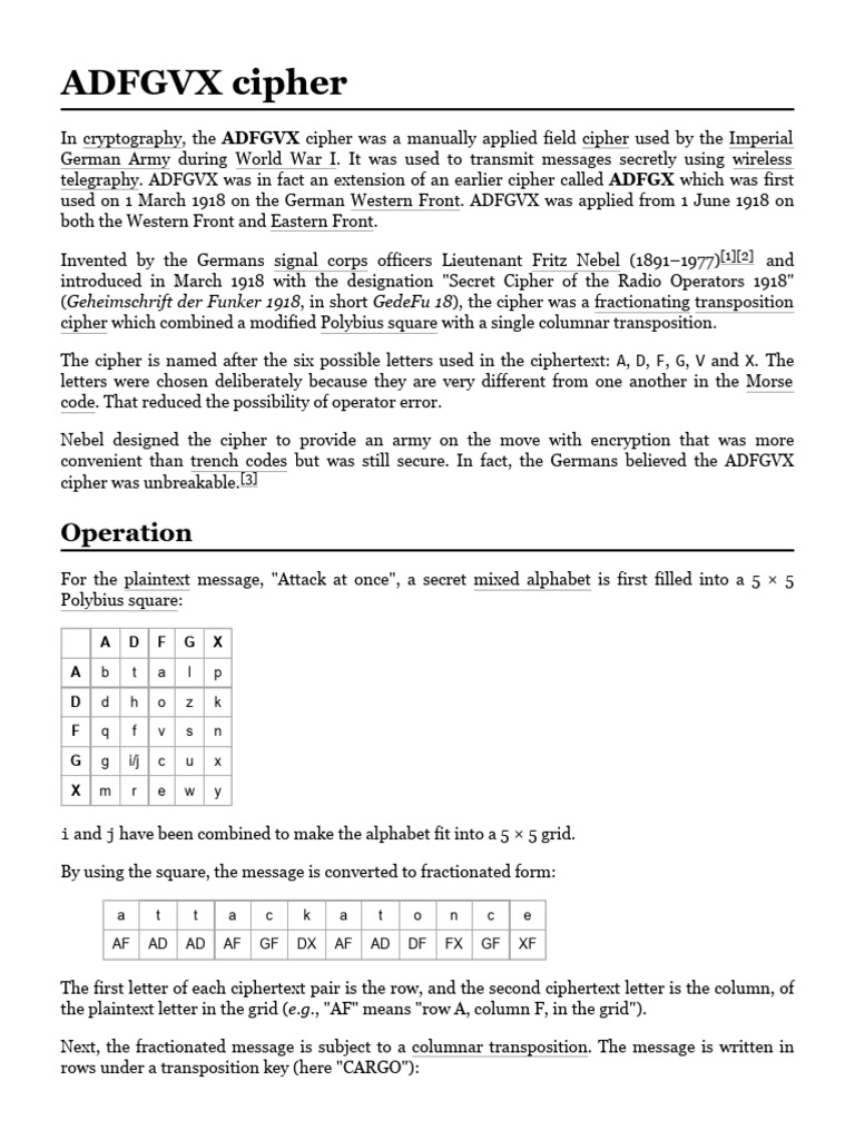 ADFGVX Cipher | PDF | Secure Communication | Espionage Techniques