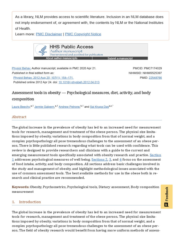Assessment Tools in Obesity - Psychological Measures, Diet, Activity ...