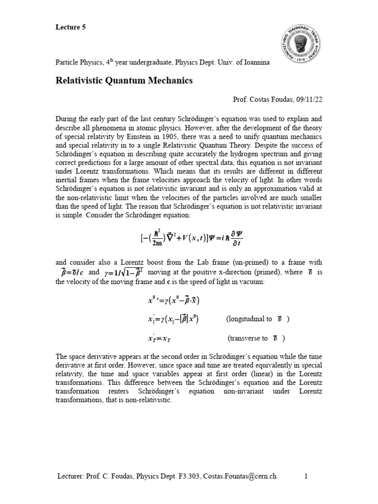 Lecture5 Klein Gordon Dirac | PDF | Special Relativity | Schrödinger Equation