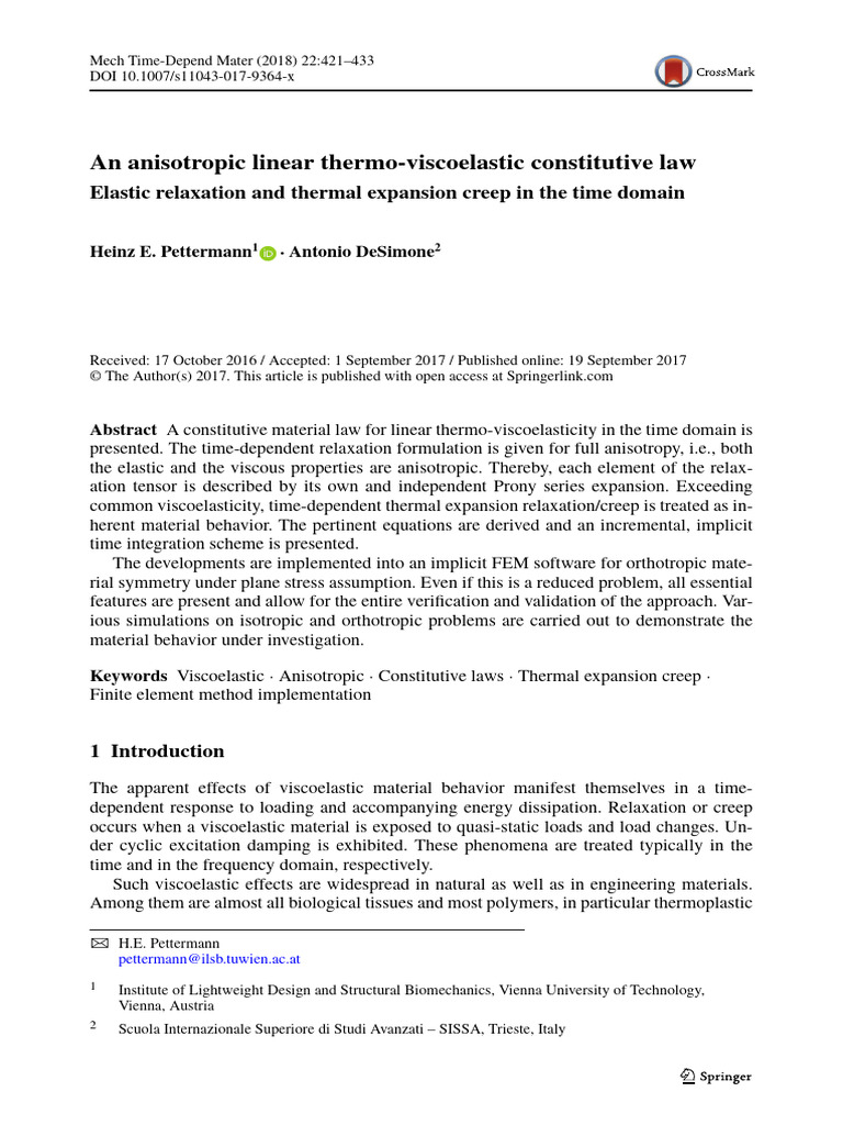Pettermann and DeSimone 2018 - An Anisotropic Linear-Thermo Viscoelastic Contitutive Law-1 | PDF ...