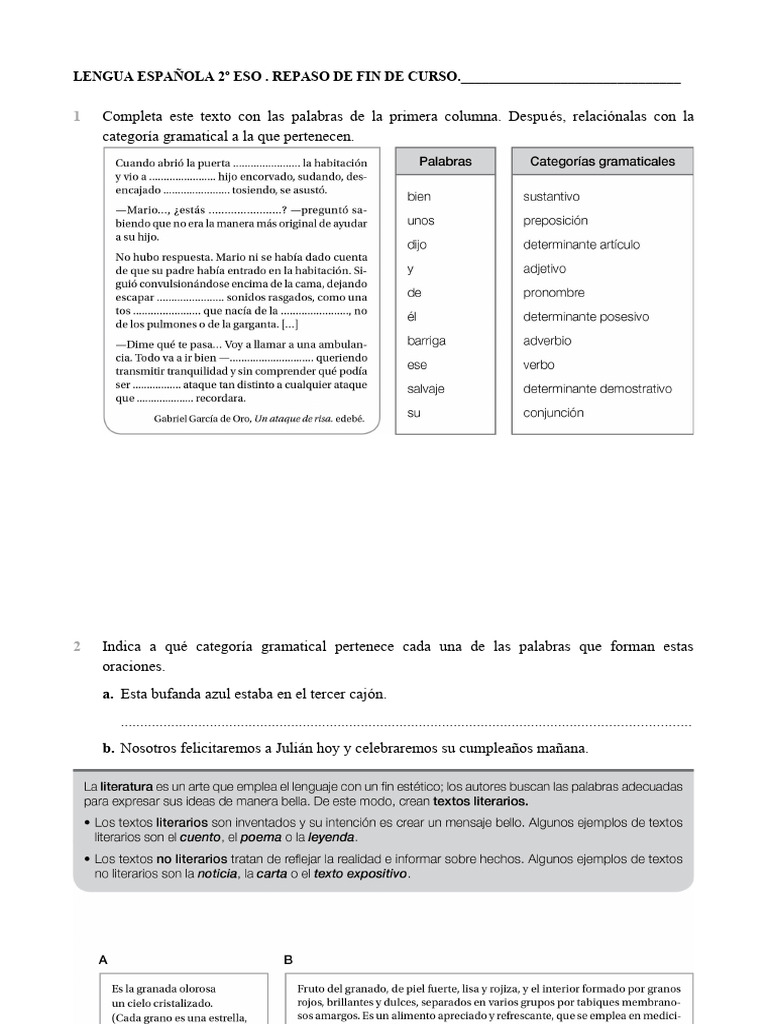 Lengua Española 2º ESO. Último Repaso | PDF | Asunto (gramática) | Verbo