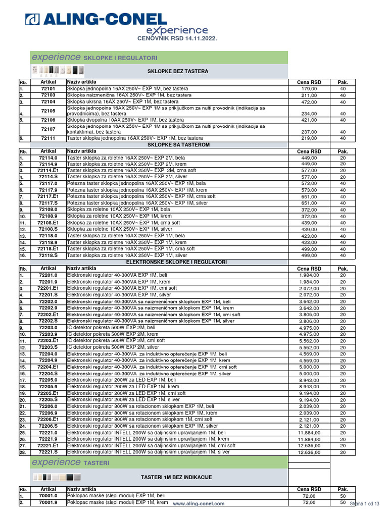 EXPERIENCE Cenovnik Novembar 2022 Aling-Conel | PDF