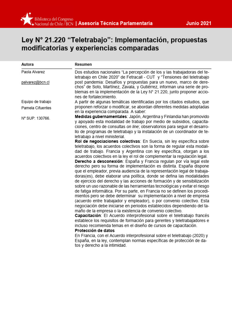 Ley 21.220 Teletrabajo Implementacion Experiencia Comparada | PDF ...
