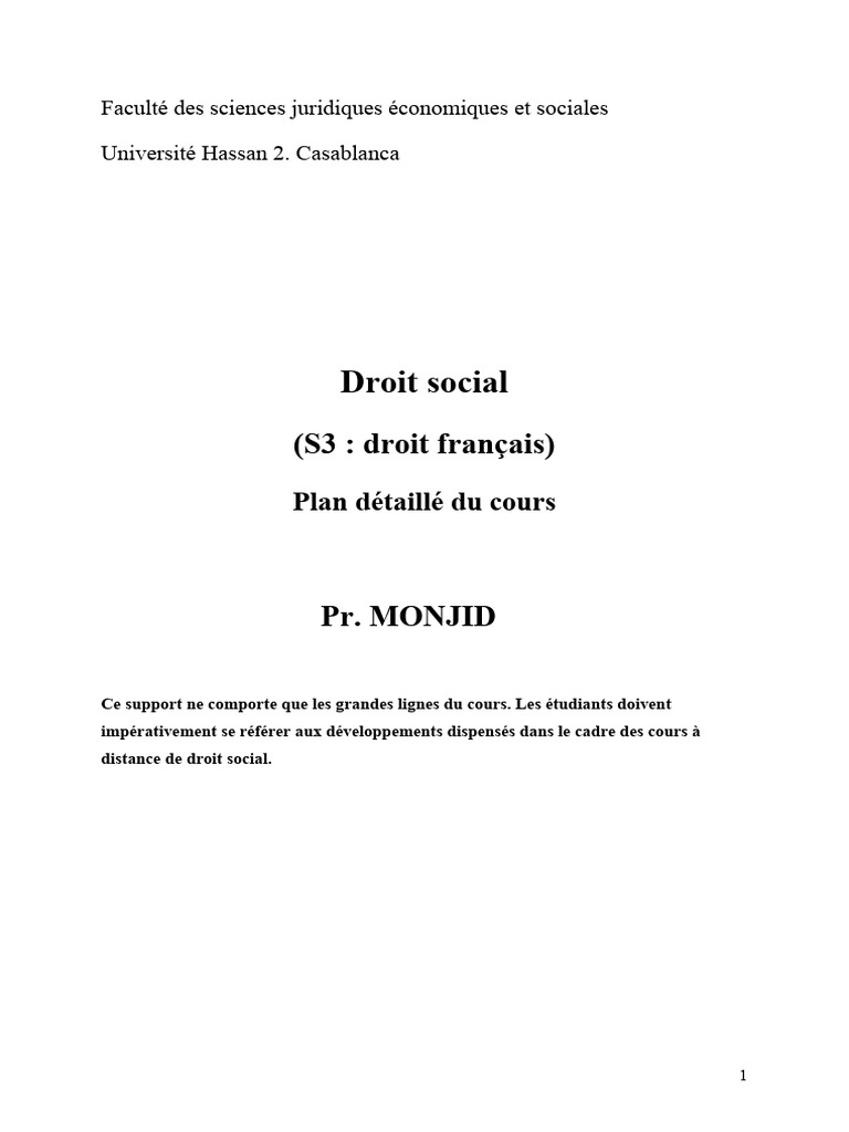 Droit Social et Travail au Maroc : Plan de Cours | PDF | Justice ...