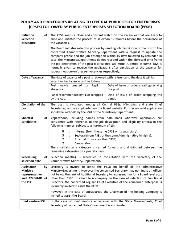 PESB Final Guidelines Related To CPSEs | PDF | Commodore (Rank ...