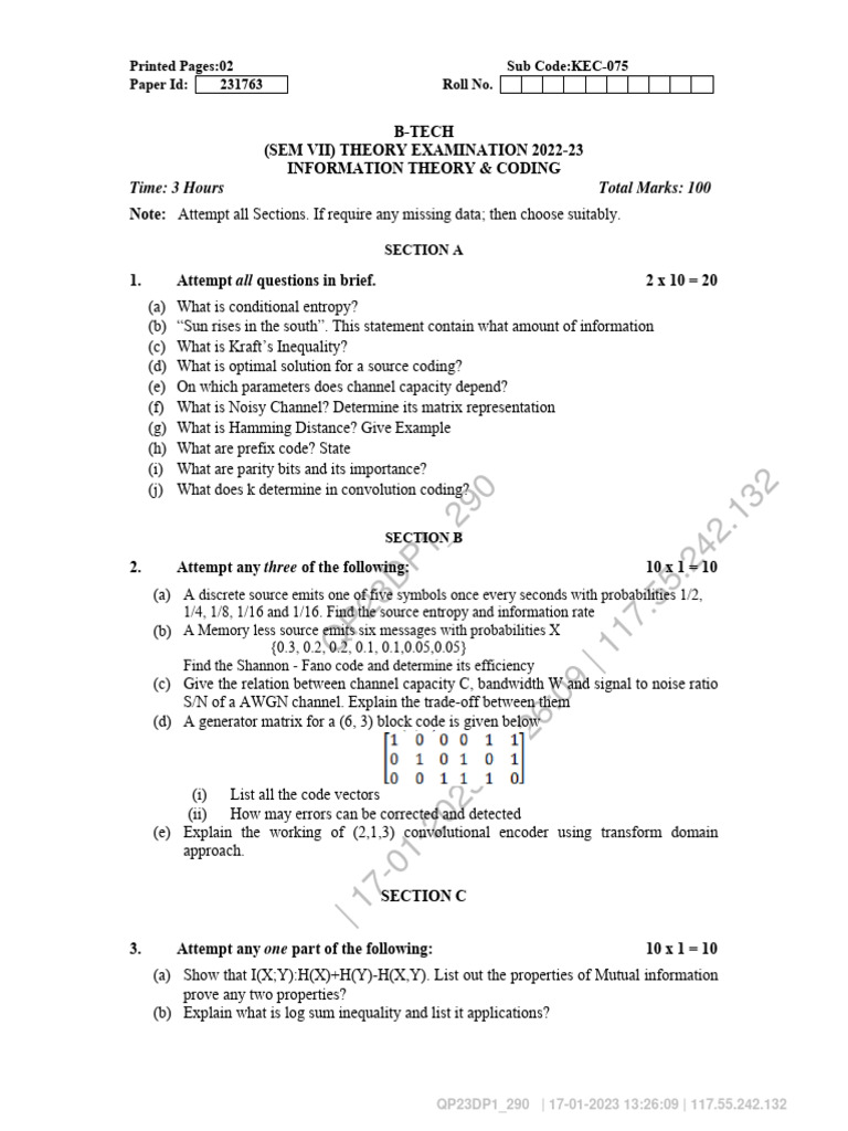 Information Theory Coding Kec075 Pdf Applied Mathematics Computer Science