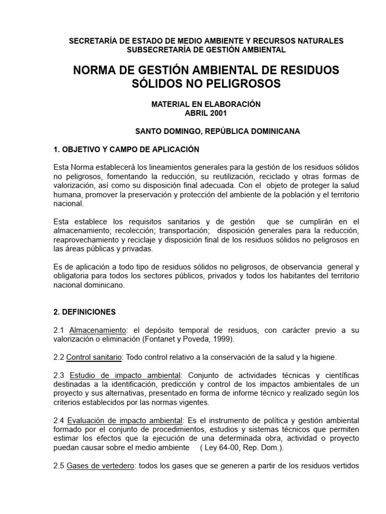 NORMA - de Gertion Ambiental de Residuos Solidos No Peligrosos | PDF | Residuos | Vertedero