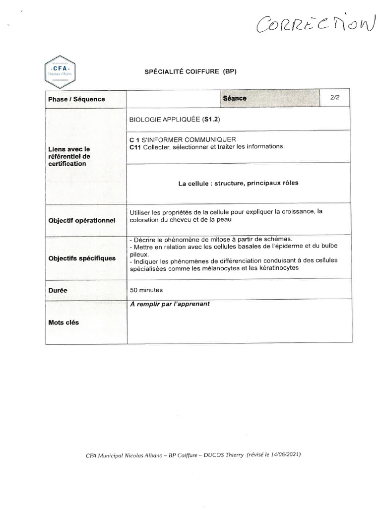 BP 1 Coiffure - La Cellule Partie 2-Corection | PDF