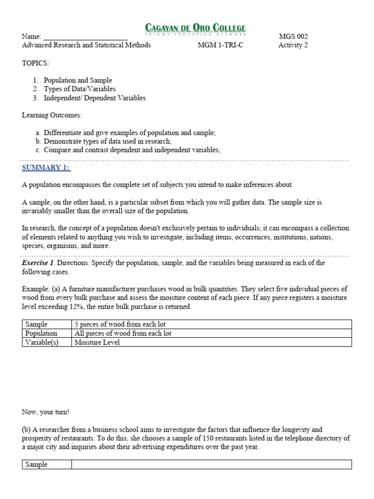Activity 2 Population and Sample Types of Data/Variables Independent ...