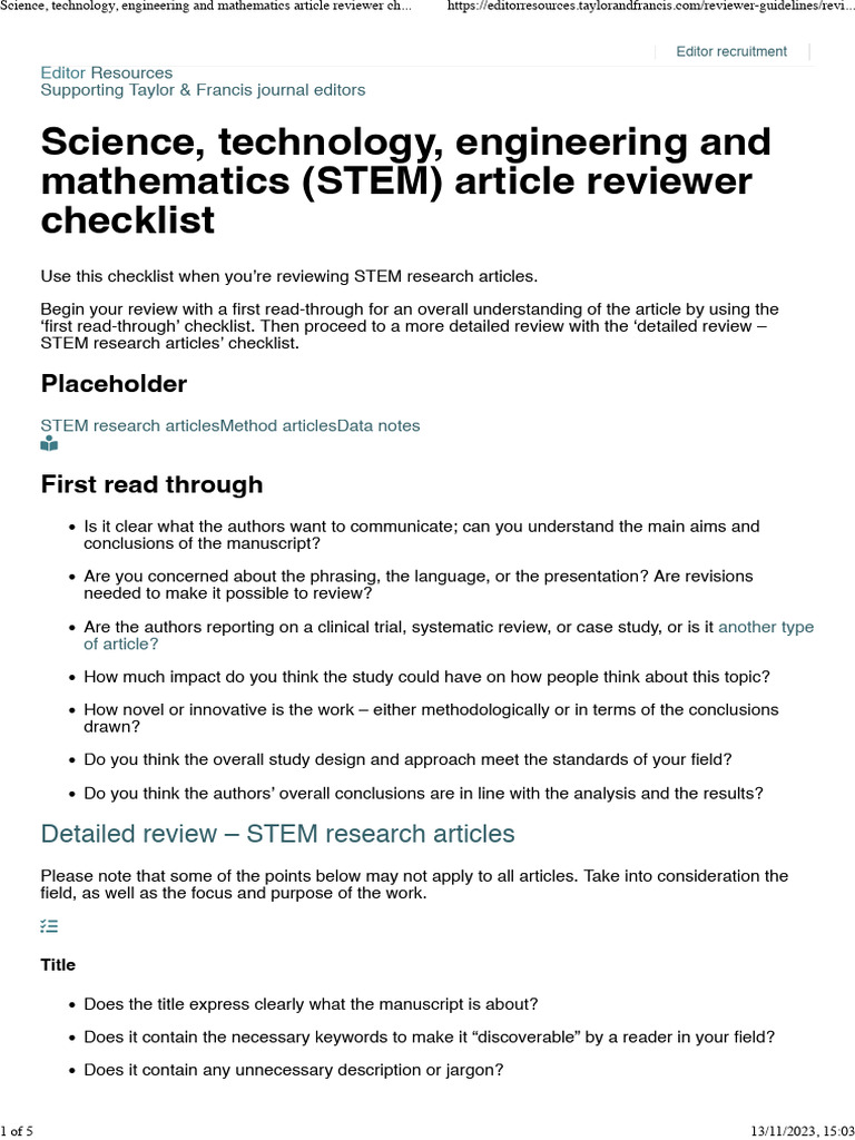 STEM Article Reviewer Checklist | PDF | Methodology | Data