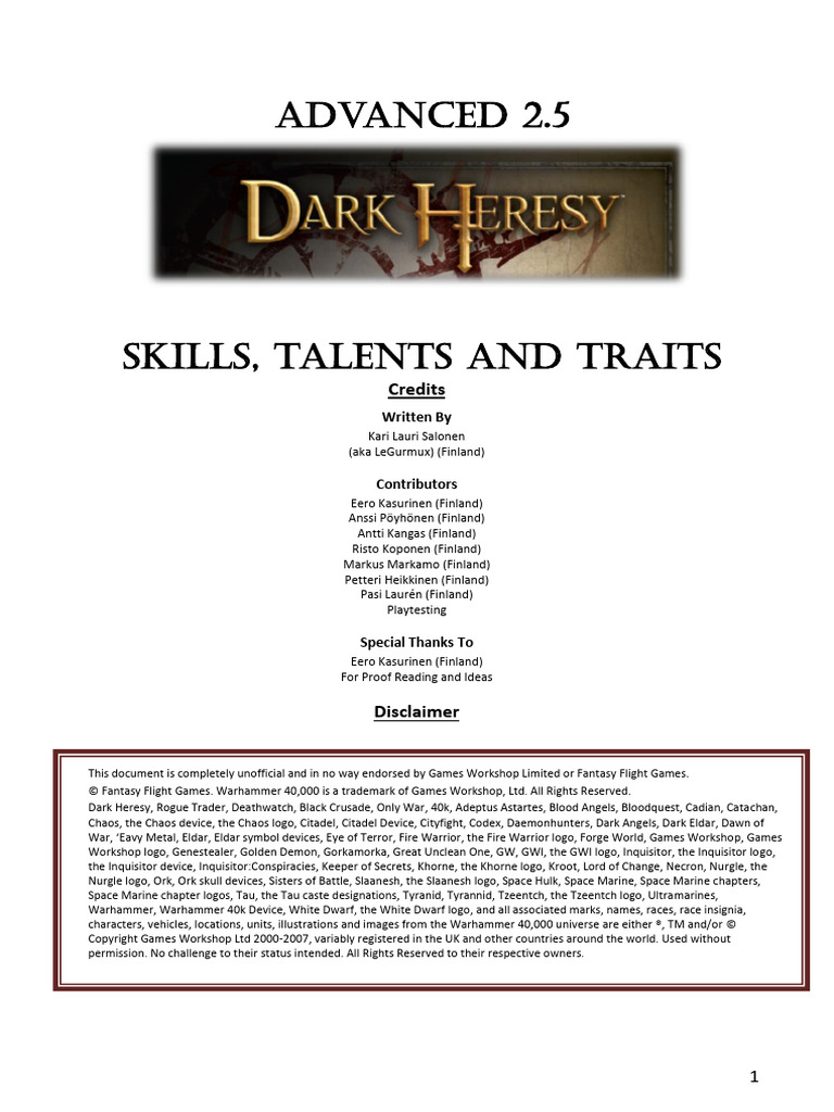 Advanced Dark Heresy - Skills Talents and Traits | PDF | Campaign ...