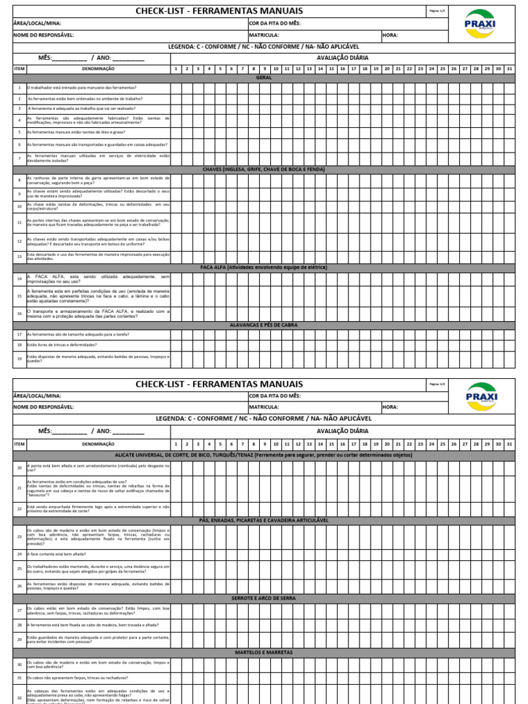 Check-List - Ferramentas Manuais - Rev 01 | Download grátis PDF | Faca ...