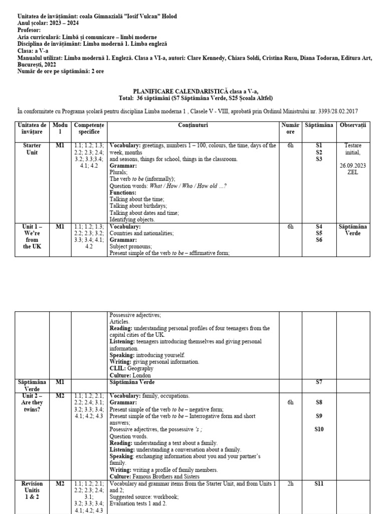 Planif ENGLEZA 5 Art Klett 2023-2024 | PDF | Semantic Units | Linguistics