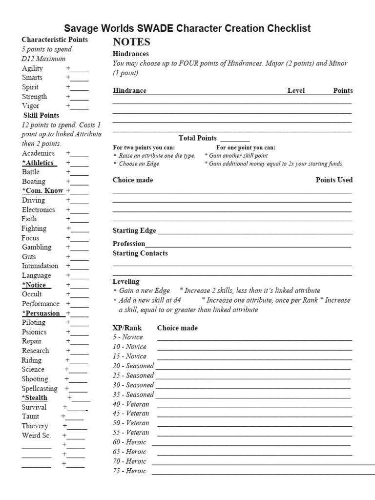 SAVAGE WORLDS SWADEcharacter creation checklist | PDF