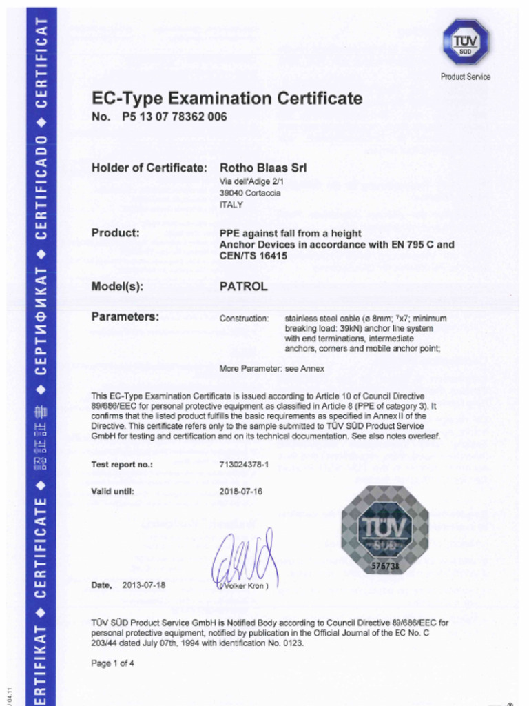 LINEA-Certificado EN795 2012 Rotho Blass PATROL | PDF