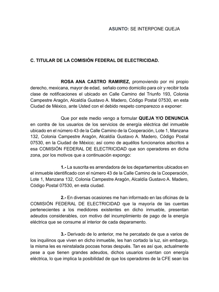 Queja Cfe-1 | PDF