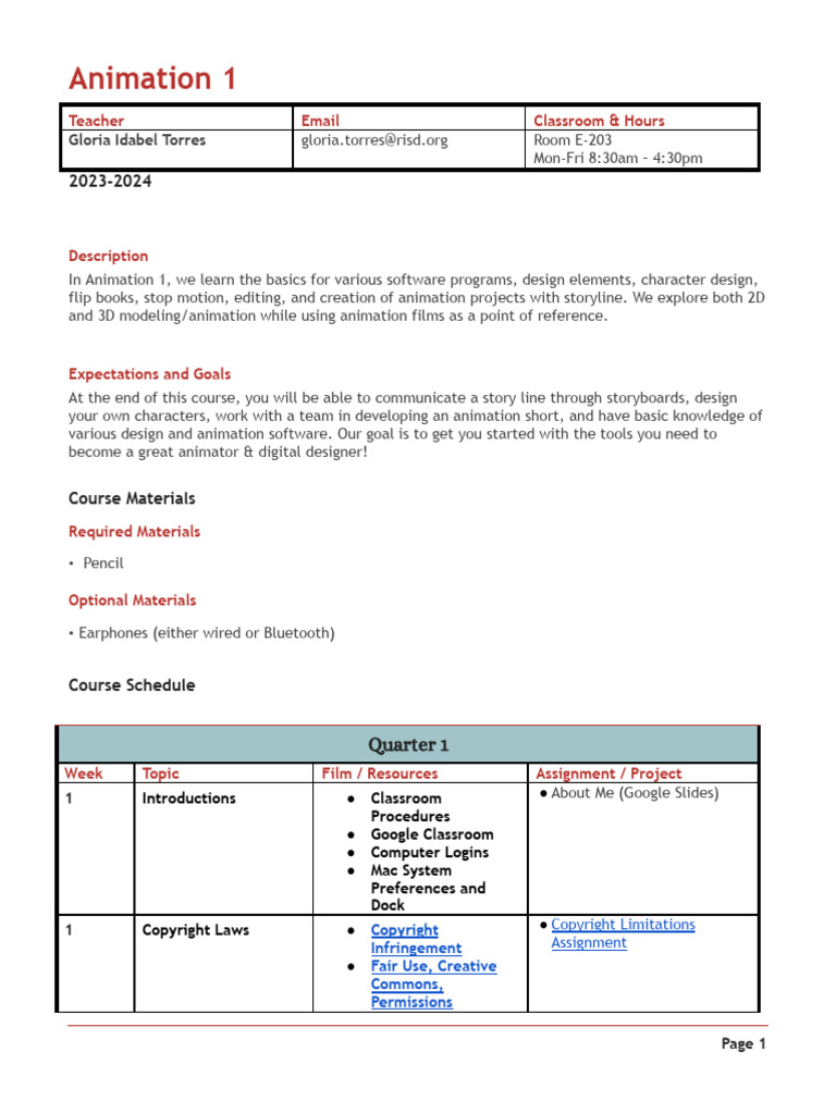 2023-24 Animation1 Syllabus | PDF | Animation | 3 D Computer Graphics