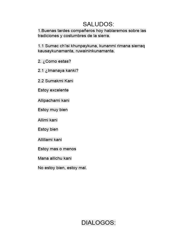 Saludo, Dialogo y Despedida en Quechua | PDF