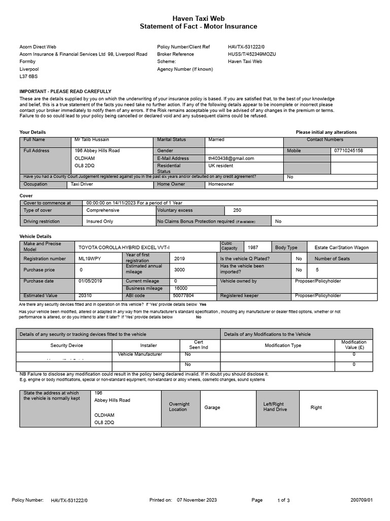 Statement of Fact V4 | PDF | Driver's License | Insurance