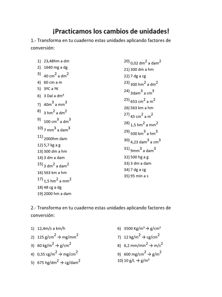 Ejercicios Cambios de Unidades Por Factores de Conversión | PDF ...