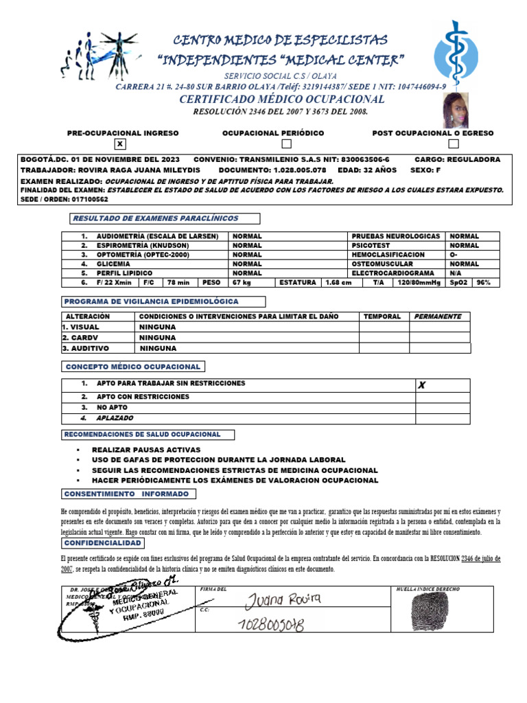 Certificado Médico Ocupacional: Centro Medico de Especilistas ...