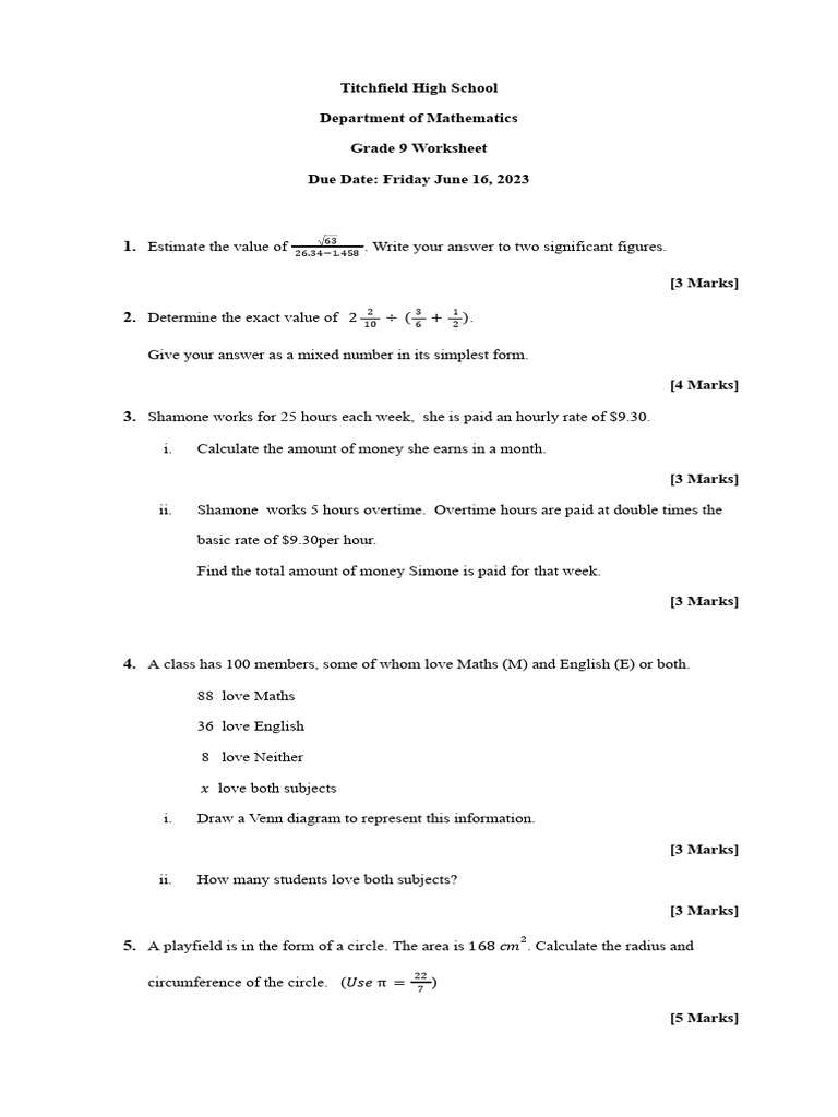 Titchfield High School Department of Mathematics Grade 9 Worksheet Due ...