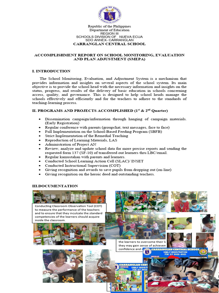 ACCOMPLISHMENT REPORT 2021-2022 SMEPA | PDF | Teachers | Learning