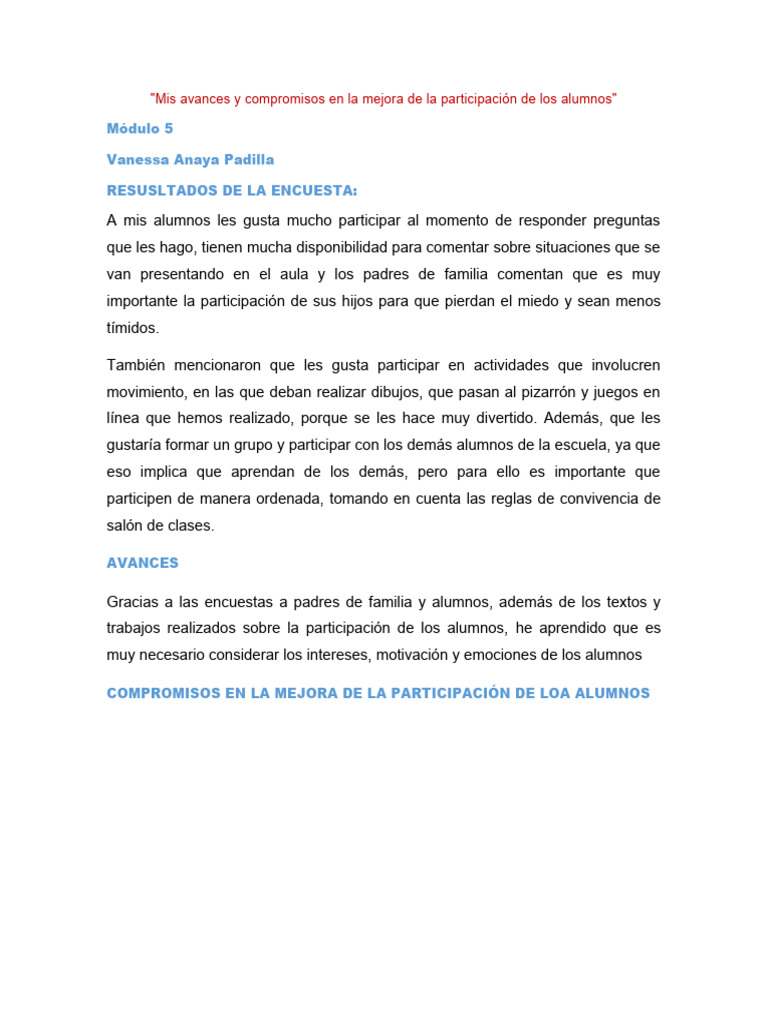 Mis Avances y Compromisos en La Mejora de La Participación de Los Alumnos | PDF