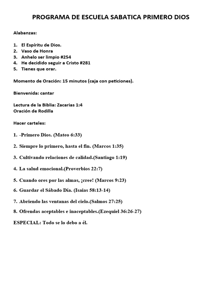 Programa de Escuela Sabatica Primero Dios | PDF