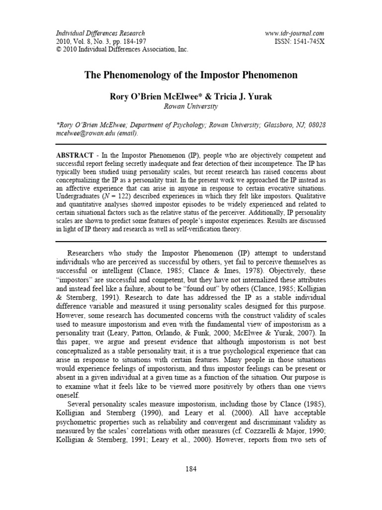 The Phenomenology of The Impostor Phenomenon | PDF | Experience ...