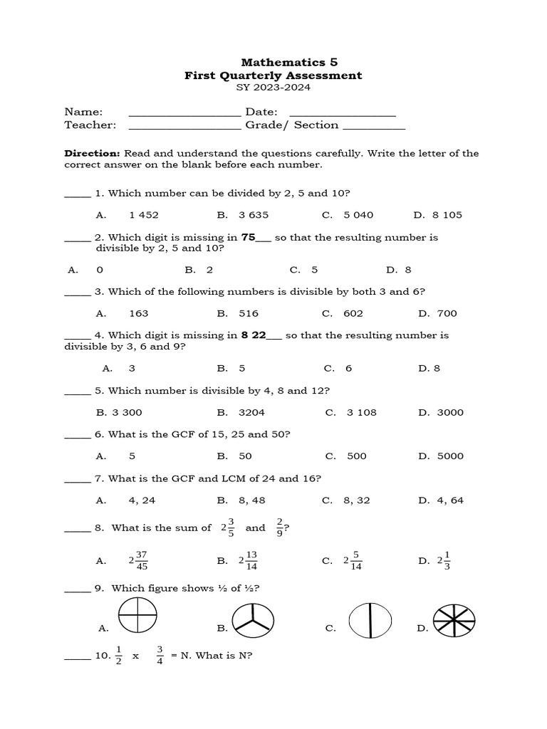 PT - Math 5 - Q1 | PDF | Mathematics | Arithmetic