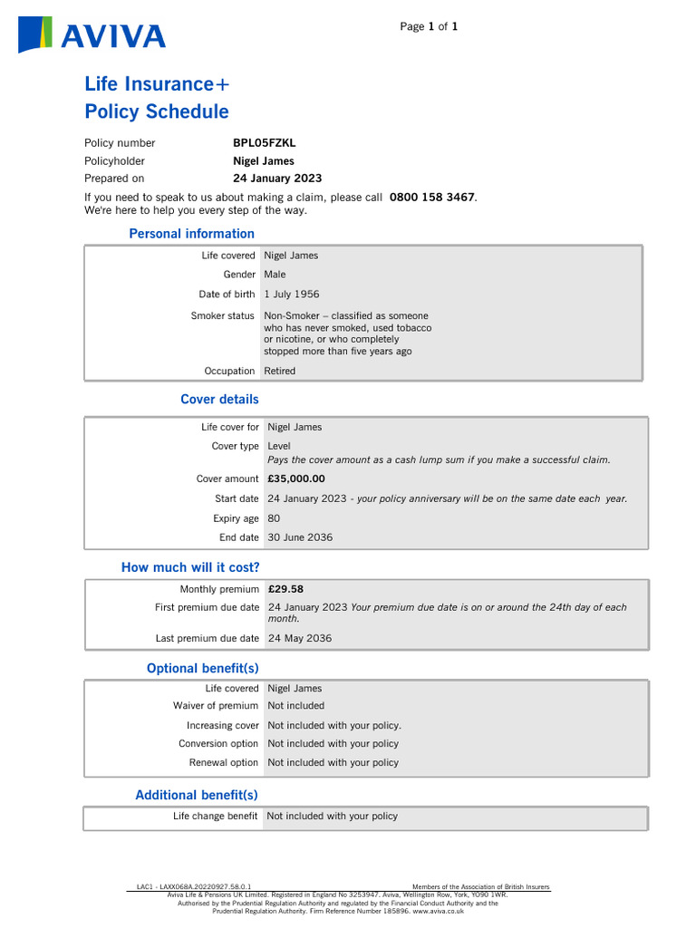 Schedule - Nigel | PDF | Insurance | Life Insurance