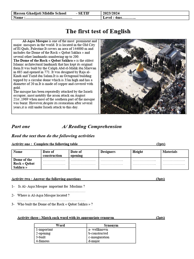 The Aqsa Mosque 4ms Test 1 | PDF | Al Aqsa Mosque