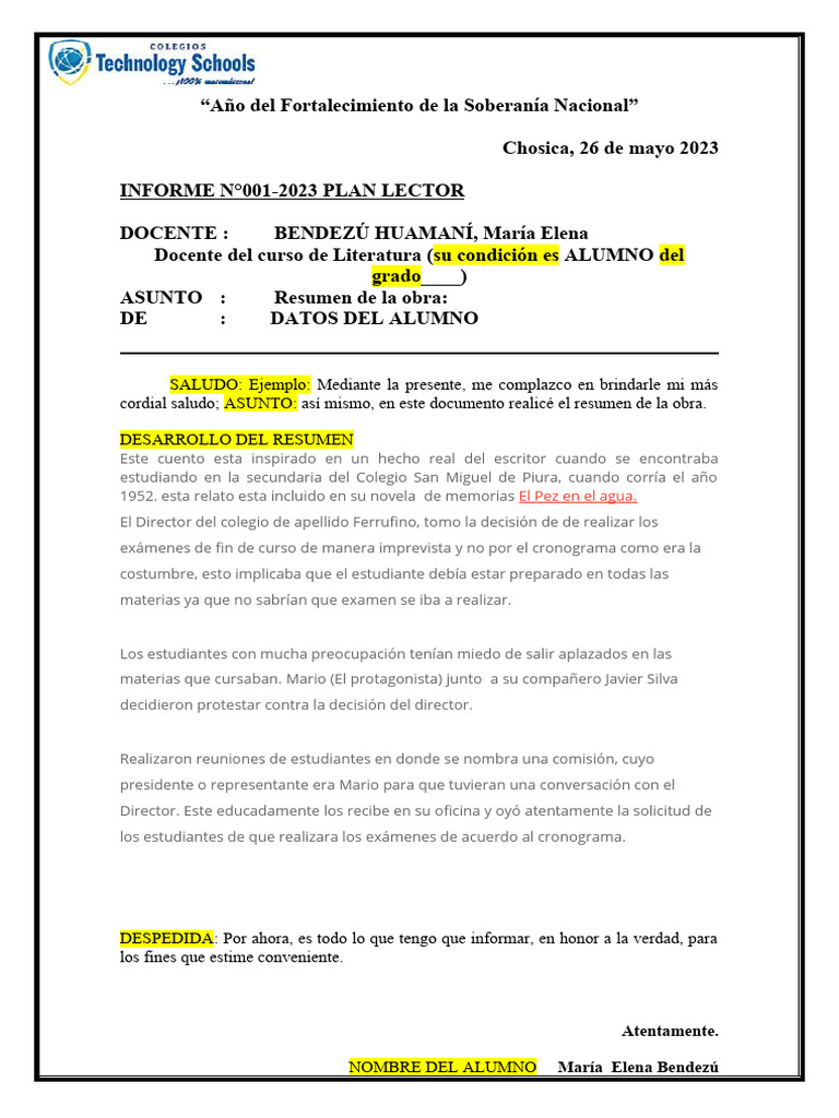 Formato de Informe Plan Lector | PDF