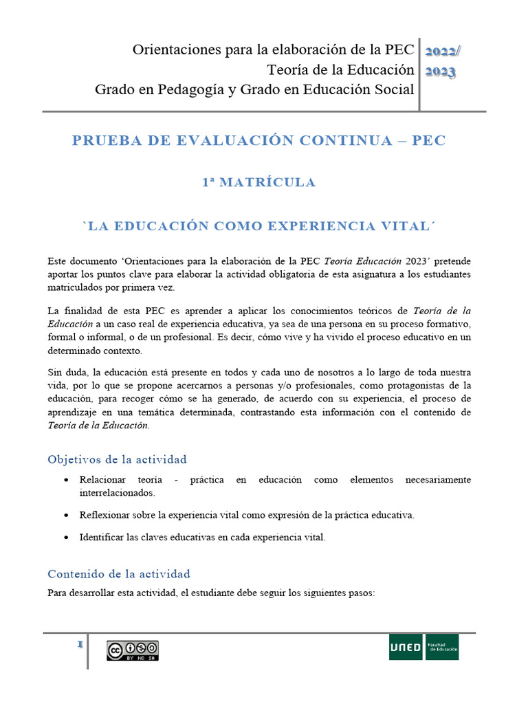 Orientaciones PEC 1ª matricula 2023 (3) | PDF | Aprendizaje | Experiencia