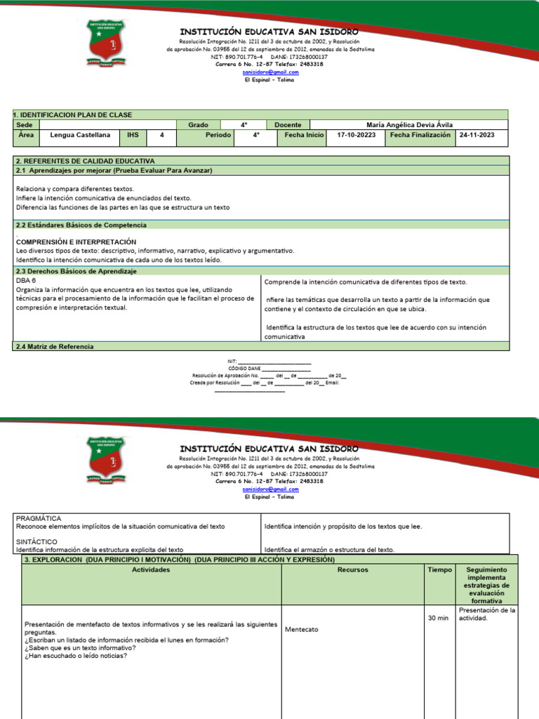 Plan de Clase Castellano Grado 4° 2023 | PDF | Aprendizaje | Comunicación humana
