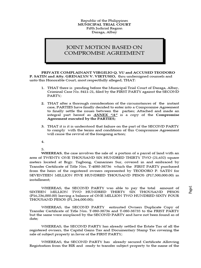 Vqy Tlps Joint Motion For Judgment Based On Compromise Agreement 1 24 ...