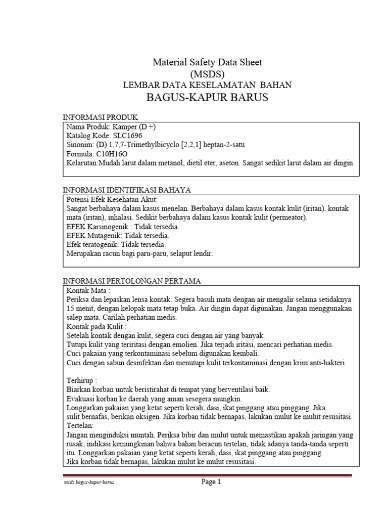 MSDS Kapur Barus dan Kamper | PDF | Pengembangan Diri